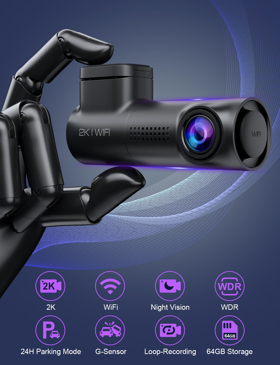 OMBAR Dash Cam 2K Built-in WiFi, Dash Camera for Cars with 0.96" LCD Display, Car Camera with 64G SD Card, Night Vision, Loop Recording, G-Sensor, 24 Hours Parking Monitor, APP, 150°Wide Angle