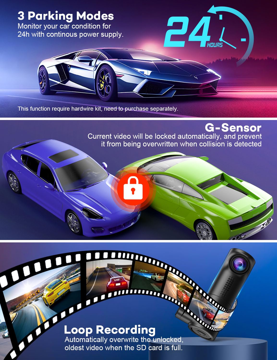 OMBAR Dash Cam 2K Built-in WiFi, Dash Camera for Cars with 0.96" LCD Display, Car Camera with 64G SD Card, Night Vision, Loop Recording, G-Sensor, 24 Hours Parking Monitor, APP, 150°Wide Angle