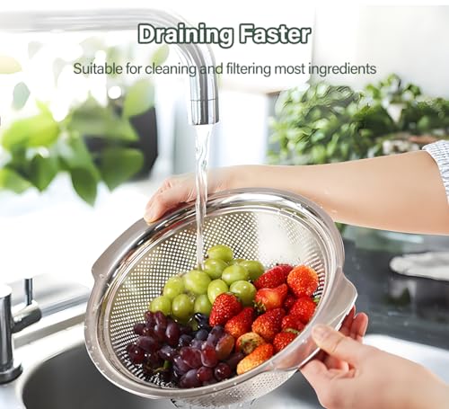 304 Stainless Steel Colander With Handle, 2-Quart Micro-Perforated Strainer Colander Set with Mixing Bowl, BPA Free, Great for Draining Cooked Pasta, Noodles,Washing Vegetables, Fruits(2PC)