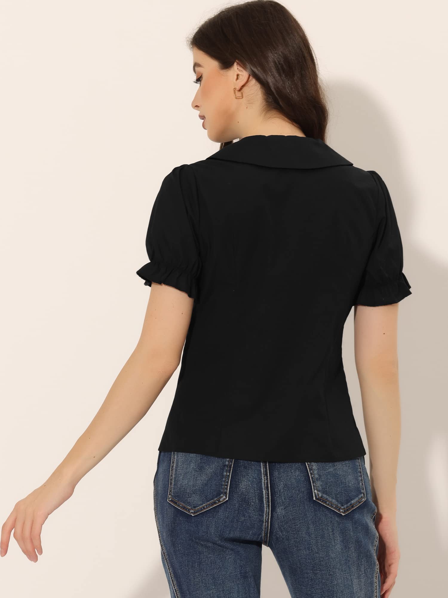 Allegra K Women's Vintage Peter Pan Collar Tie Neck Casual Cute Cotton Button-Up Shirt X-Large Black