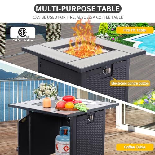 Lviden 4 Pieces Outdoor Patio Furniture Set, Wicker Conversation Sets, Black PE Rattan Sectional Couch Sofa with 50000 BTU Gas Fire Pit Table and Peacock Blue Cushions