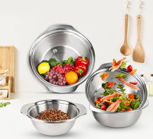 304 Stainless Steel Colander With Handle, 2-Quart Micro-Perforated Strainer Colander Set with Mixing Bowl, BPA Free, Great for Draining Cooked Pasta, Noodles,Washing Vegetables, Fruits(2PC)