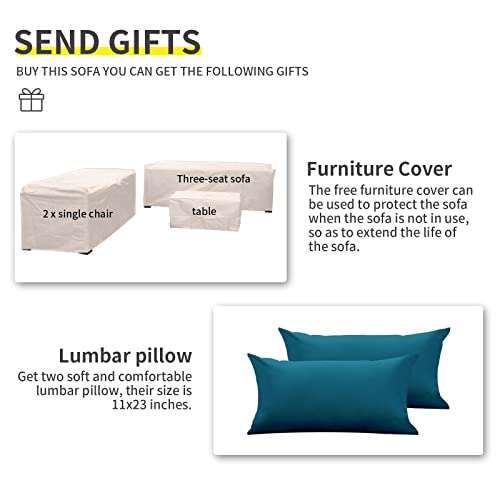 Lviden 4 Pieces Outdoor Patio Furniture Set, Wicker Conversation Sets, Black PE Rattan Sectional Couch Sofa with 50000 BTU Gas Fire Pit Table and Peacock Blue Cushions