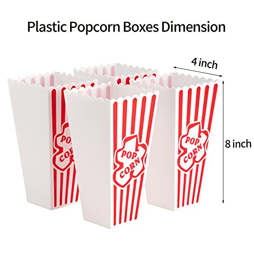 Plastic Popcorn Containers Red & White Striped Retro Style Reusable Popcorn Boxes for Movie Night 4βx8β (4 Pack)