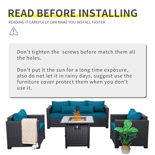 Lviden 4 Pieces Outdoor Patio Furniture Set, Wicker Conversation Sets, Black PE Rattan Sectional Couch Sofa with 50000 BTU Gas Fire Pit Table and Peacock Blue Cushions