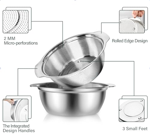 304 Stainless Steel Colander With Handle, 2-Quart Micro-Perforated Strainer Colander Set with Mixing Bowl, BPA Free, Great for Draining Cooked Pasta, Noodles,Washing Vegetables, Fruits(2PC)