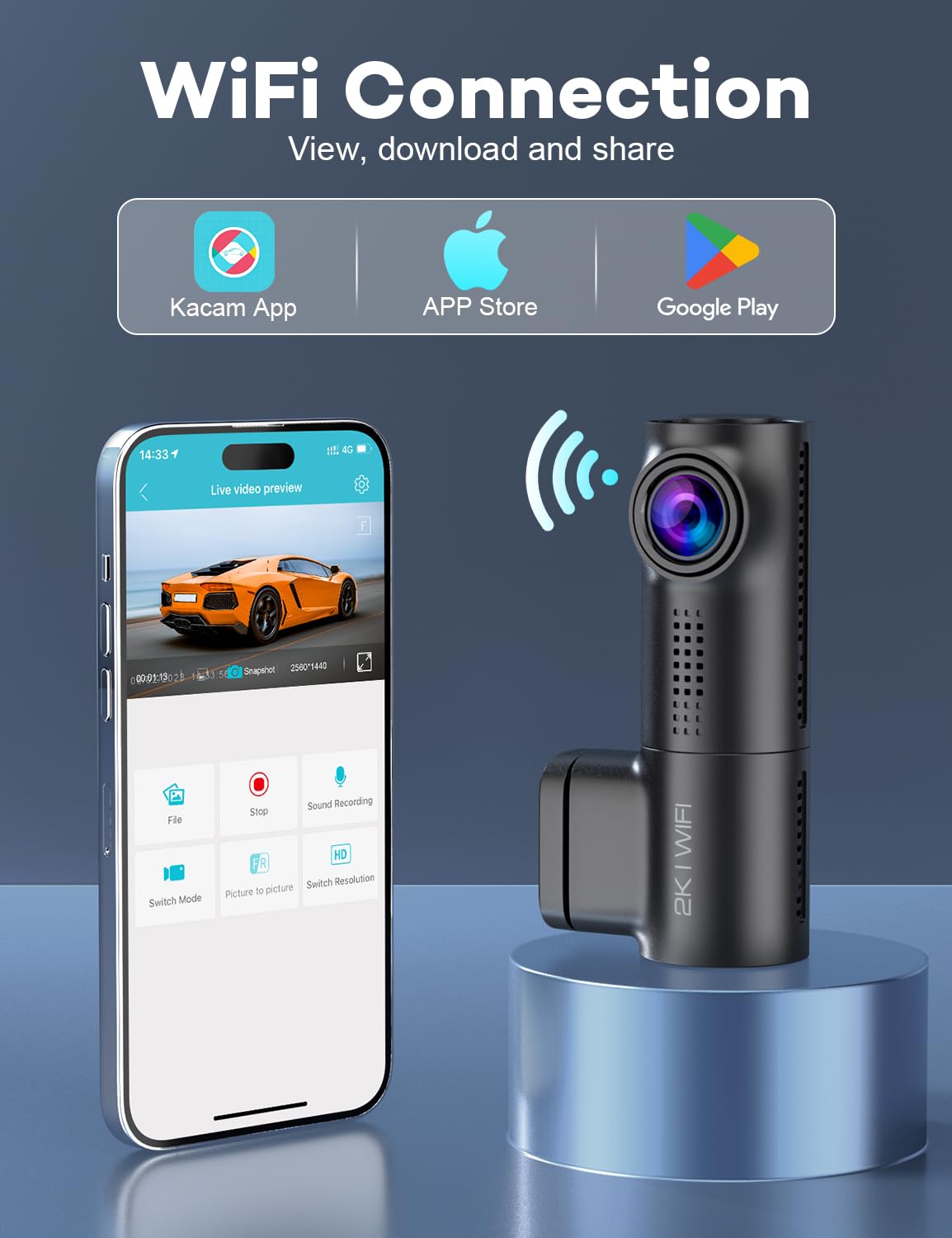 OMBAR Dash Cam 2K Built-in WiFi, Dash Camera for Cars with 0.96" LCD Display, Car Camera with 64G SD Card, Night Vision, Loop Recording, G-Sensor, 24 Hours Parking Monitor, APP, 150°Wide Angle