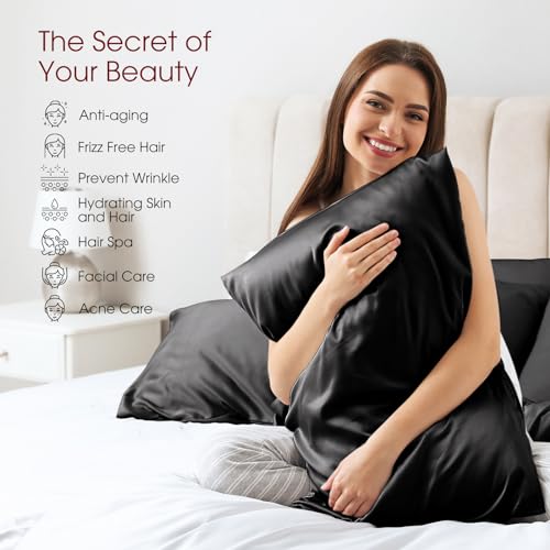 WLOSJ 100% Silk Pillow Cases 2 Pack Queen Size Mulberry Silk Pillowcase for Hair and Skin Set of 2 Highest Grade 6A Silk with Hidden Zipper, Black