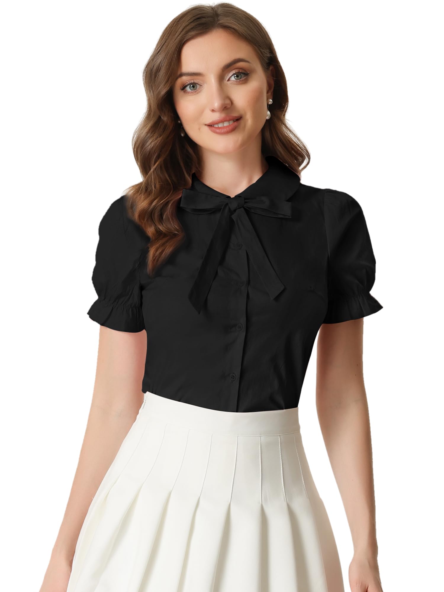 Allegra K Women's Vintage Peter Pan Collar Tie Neck Casual Cute Cotton Button-Up Shirt X-Large Black
