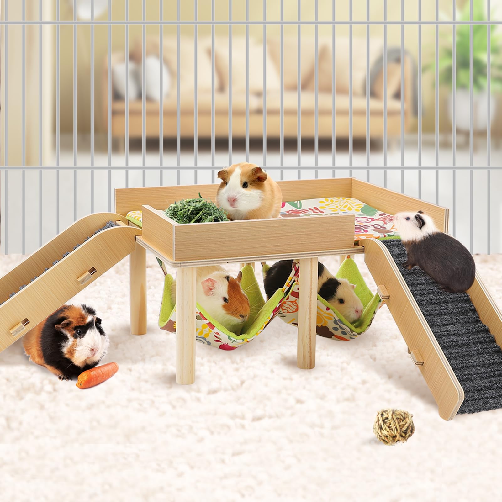 MEWTOGO Guinea Pigs Hammock with Platform, Wooden Guinea Pig Hideout with Stairs, Safe and Durable Small Pet Bed for Piggies Chinchilla Rat Hamster Bunny (Double Hammocks)