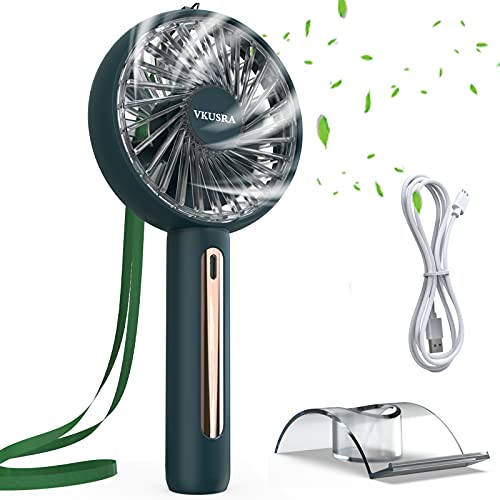 VKUSRA Handheld Fan, Mini Portable Fan, Small Personal Battery Operated Hand Held Fan with 4 Speeds, USB Rechargeable Eyelash Desk Fan with Base & Adjustable Angle for Office Outdoor Traveling-Green