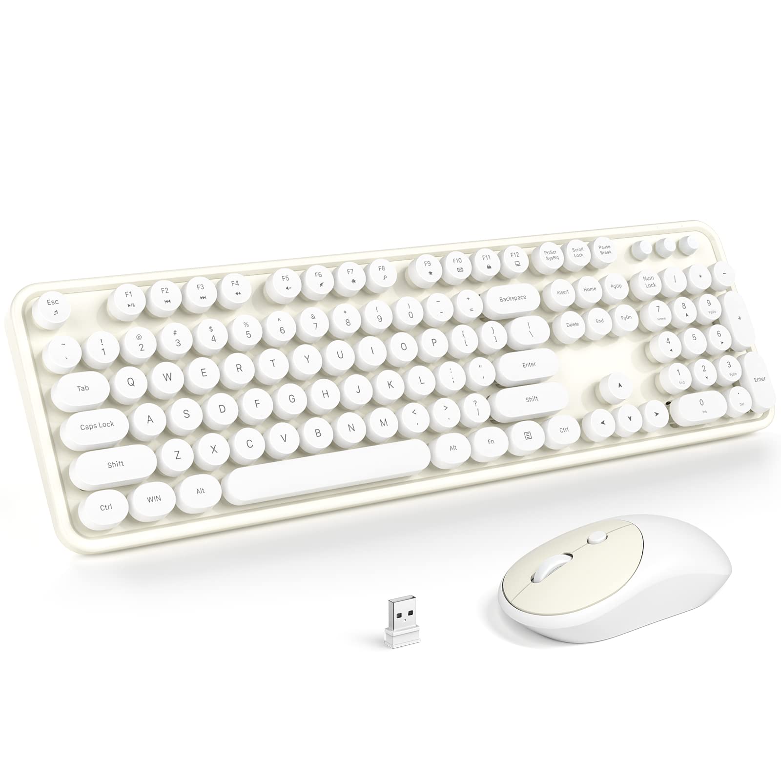 KNOWSQT Wireless Keyboard and Mouse Combo - White-Milky Full-Sized 2.4 GHz 104 Keys Typewriter Cute Keyboard, Round Keycap and Optical Mouse for Windows, Computer, PC, Laptop, Desktop