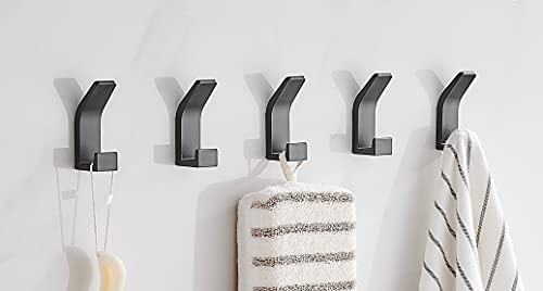 ALORE Bathroom Towel Hooks, Space Aluminum Coat Hook Robe Coat and Bath Brush Hook for Bath Kitchen Garage Hotel, Modern Heavy Duty Wall Mounted, Pack of 5(Black)