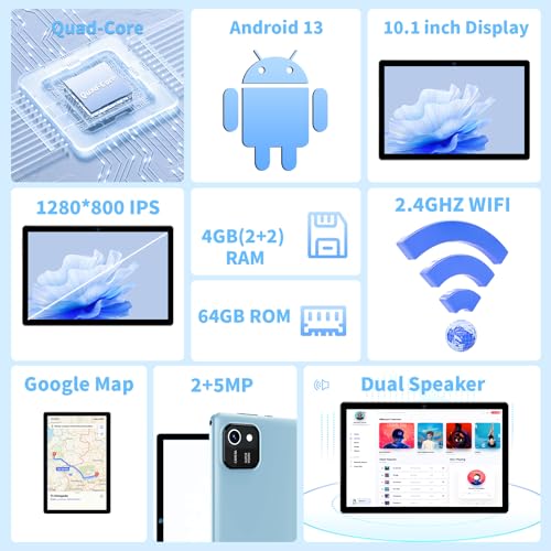 10 inch Tablet Android 13 Tablets, 4GB RAM 64GB ROM 512GB Expand, Quad-Core Processor, 1280x800 IPS HD Touch Screen, GPS, WiFi, Dual Camera, Bluetooth, 6000mAh Battery (Teal)