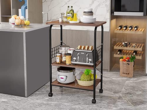 Kitchen Storage Shelf Rack Bathroom Shelf, 3-Tier DIY Storage Rack Multipurpose Shelf with Casters, for Kitchen, Living Room, Bathroom, Balcony, Rustic Look, Metal Wooden Combination (3-Shelf)
