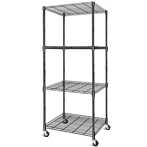N&F Hlyluoyi 4-Shelf Storage Rack, Garage Shelves Heavy Duty,Metal Shelving with Wheels, 165 Pounds Per Utility Shelf Unit, Wire Rack Organizer, Black(13.4D x 23.2W x 49.8H)