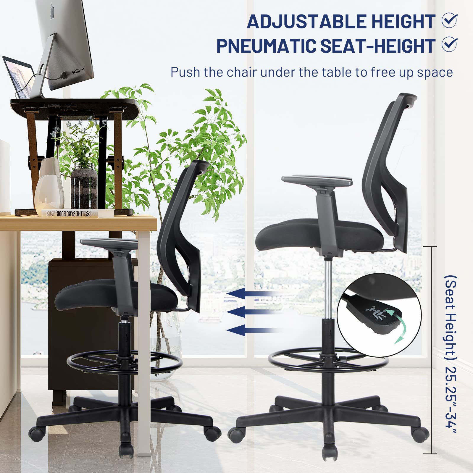 ZUNMOS Tall Office, Drafting High, Ergonomic Mesh Computer Task Table Chairs with Adjustable Armrests and Foot-Ring for Standing Bar Height Desk, Black