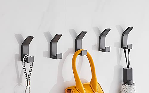 ALORE Bathroom Towel Hooks, Space Aluminum Coat Hook Robe Coat and Bath Brush Hook for Bath Kitchen Garage Hotel, Modern Heavy Duty Wall Mounted, Pack of 5(Black)