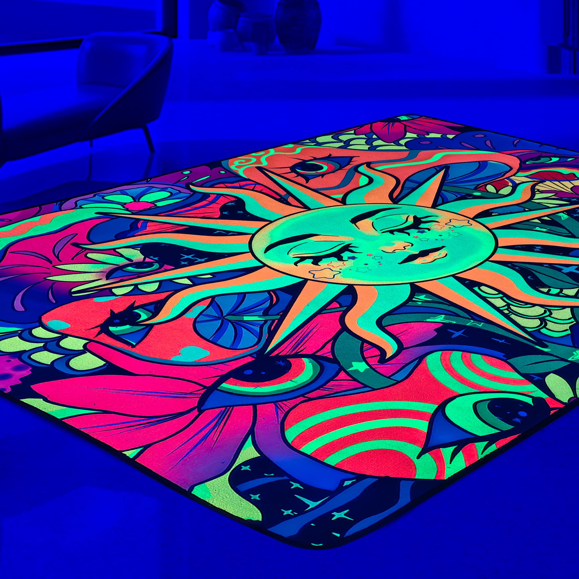 Mushroom Area Rugs - Funny Boho Sun Rug - Psychedelic Colorful Mushroom Rug Hippie Aesthetic Room Decor Carpet Glows Under Black Light Rooms Mat Rugs 60x40 Inch