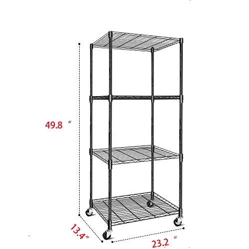 N&F Hlyluoyi 4-Shelf Storage Rack, Garage Shelves Heavy Duty,Metal Shelving with Wheels, 165 Pounds Per Utility Shelf Unit, Wire Rack Organizer, Black(13.4D x 23.2W x 49.8H)