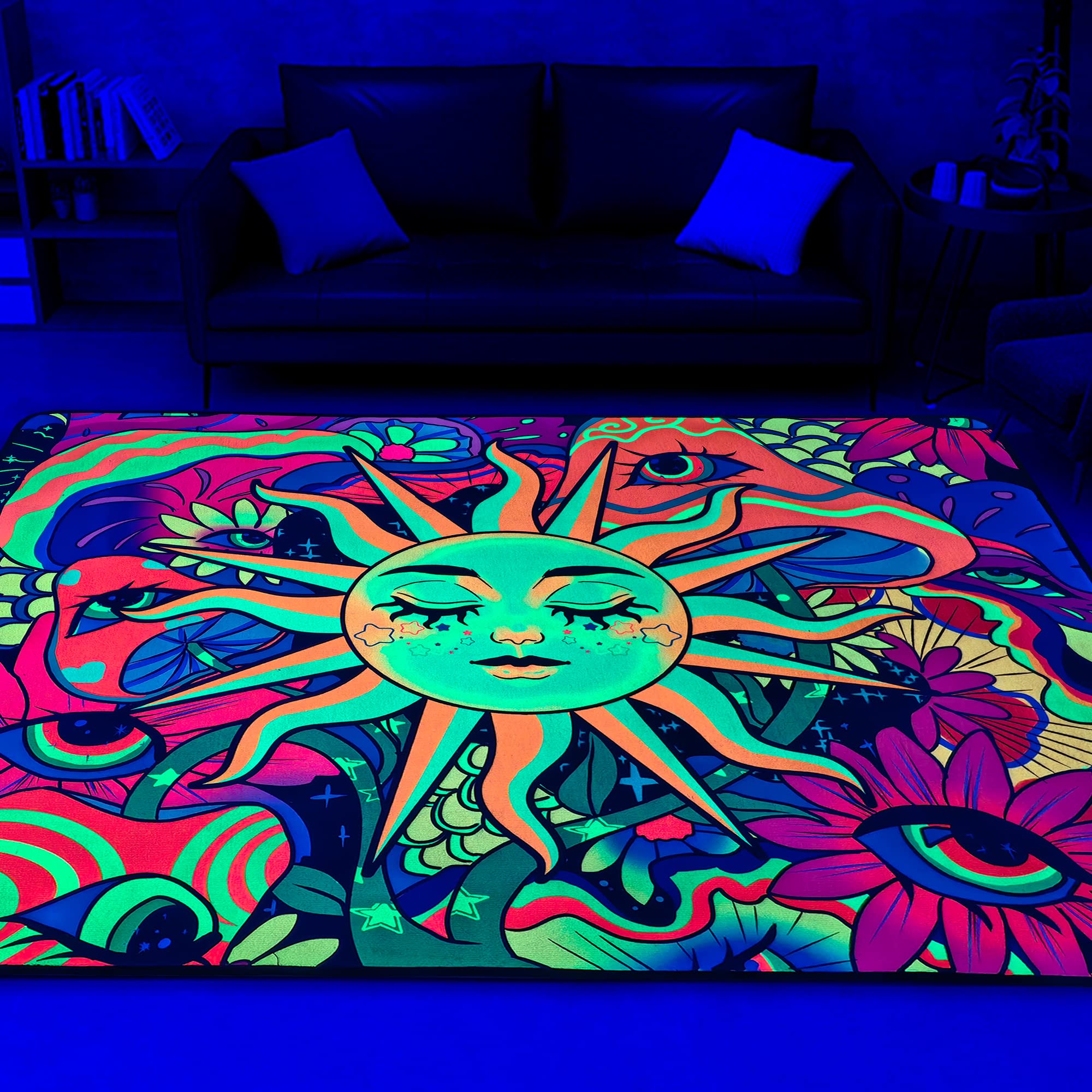 Mushroom Area Rugs - Funny Boho Sun Rug - Psychedelic Colorful Mushroom Rug Hippie Aesthetic Room Decor Carpet Glows Under Black Light Rooms Mat Rugs 60x40 Inch