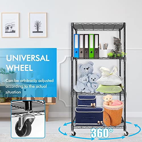 N&F Hlyluoyi 4-Shelf Storage Rack, Garage Shelves Heavy Duty,Metal Shelving with Wheels, 165 Pounds Per Utility Shelf Unit, Wire Rack Organizer, Black(13.4D x 23.2W x 49.8H)