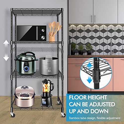 N&F Hlyluoyi 4-Shelf Storage Rack, Garage Shelves Heavy Duty,Metal Shelving with Wheels, 165 Pounds Per Utility Shelf Unit, Wire Rack Organizer, Black(13.4D x 23.2W x 49.8H)