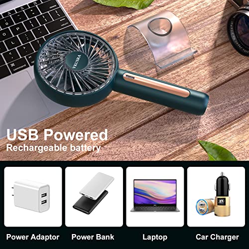 VKUSRA Handheld Fan, Mini Portable Fan, Small Personal Battery Operated Hand Held Fan with 4 Speeds, USB Rechargeable Eyelash Desk Fan with Base & Adjustable Angle for Office Outdoor Traveling-Green