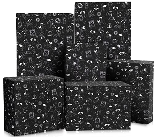 CENTRAL 23 - Black Wrapping Paper - Zodiac - Starsigns - 6 Sheets of Birthday Gift Wrap - Gothic Astrology - For Christmas - For Teenagers Men Women - Recyclable