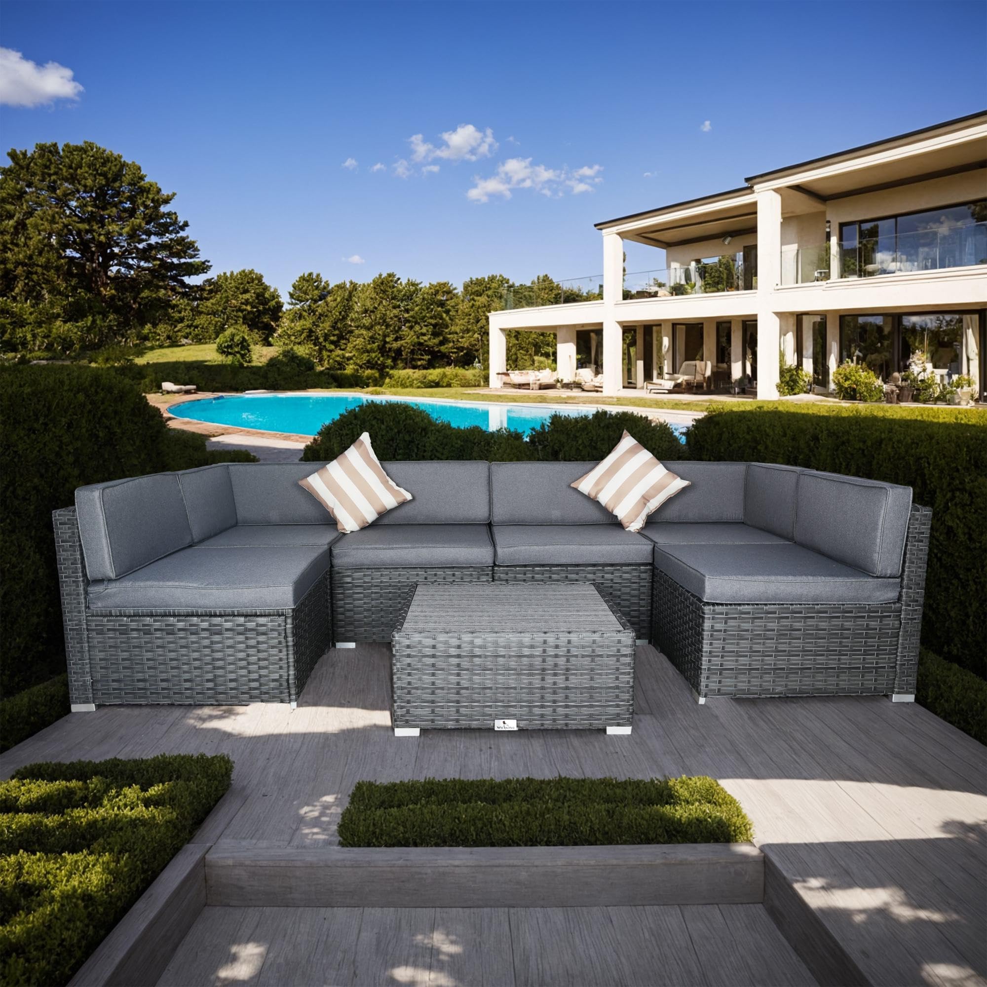 Welpatio 7 Piece Outdoor Patio Furniture Sets with Cushions, PE Rattan Wicker Outdoor Sectional Furniture Conversation Patio Set with Slat Coffee Table and 2 Pillows, Light Gray/Gray