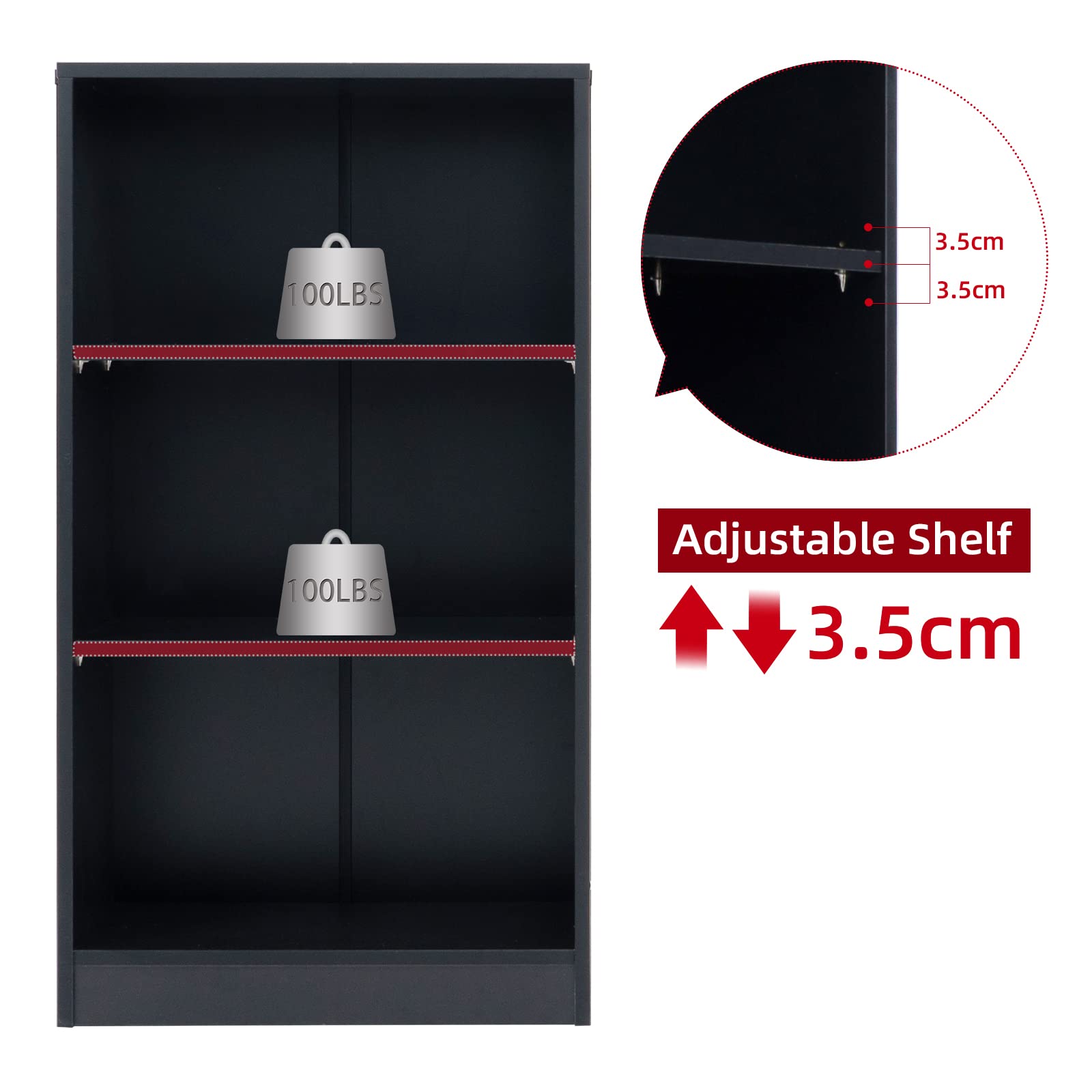 Sunon 3 Shelf Wood Bookcase Freestanding Display Shelf Adjustable Layers Bookshelf for Home Office Library Small Narrow Space (Black, 3-Layers)