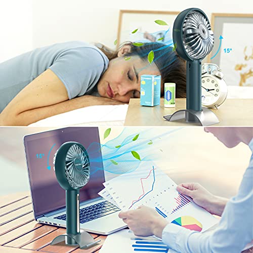VKUSRA Handheld Fan, Mini Portable Fan, Small Personal Battery Operated Hand Held Fan with 4 Speeds, USB Rechargeable Eyelash Desk Fan with Base & Adjustable Angle for Office Outdoor Traveling-Green