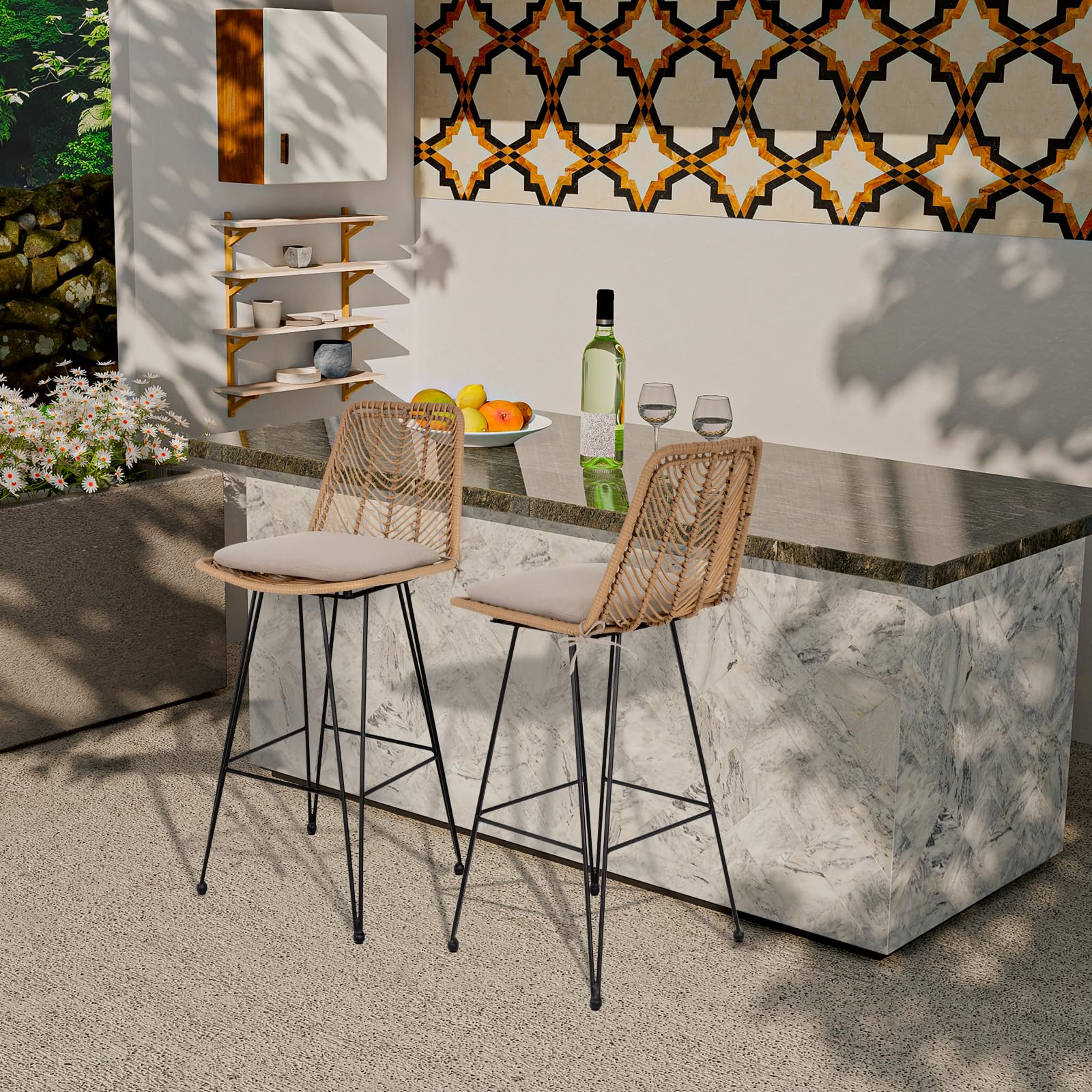 IDZO Rattan Bar Stools Set of 2, 42-Inch Tall with 400lbs Weight Endurance, Featuring a Steel Frame and Comfort Cushions, ideally Crafted as bar stools for Kitchen Island setups