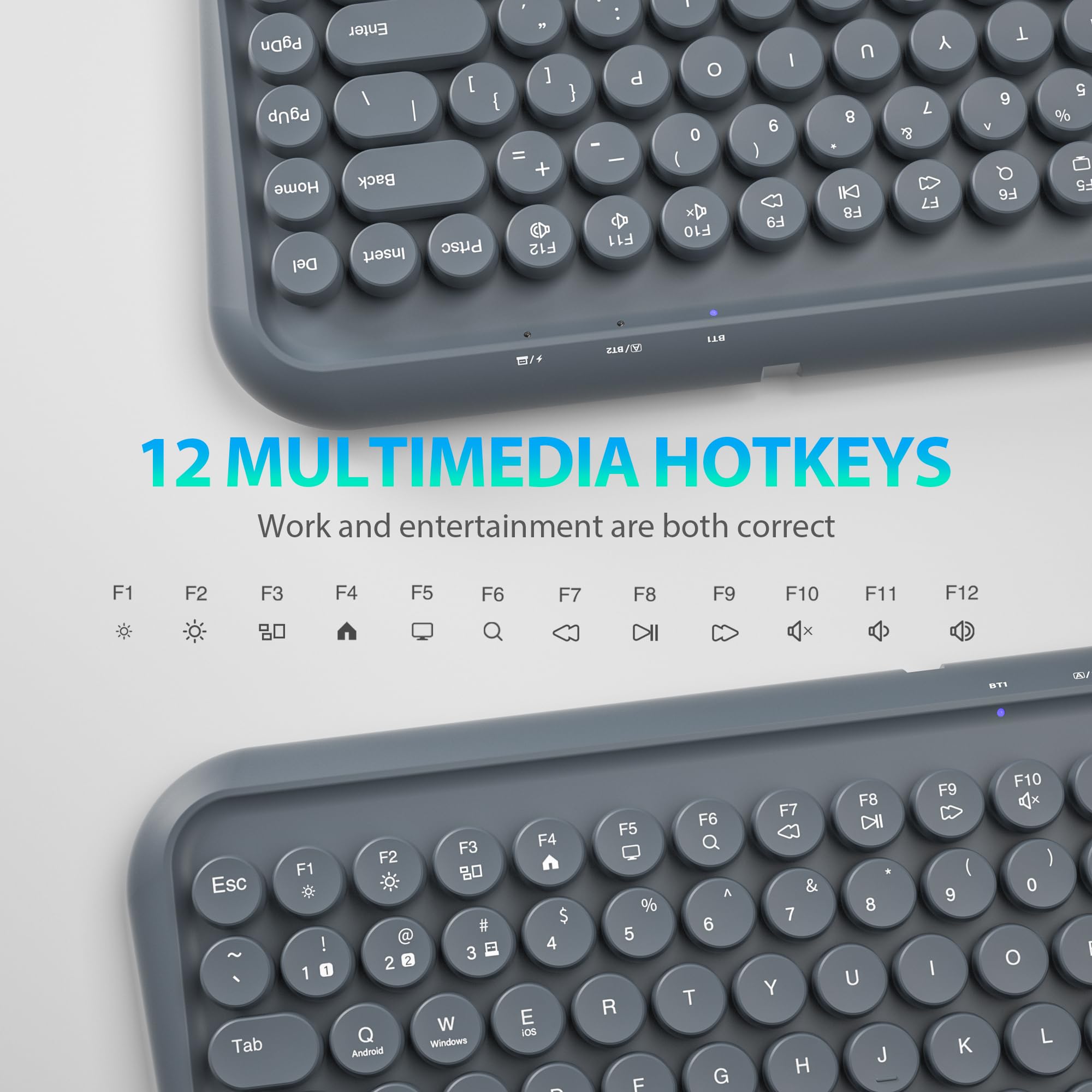 Wireless Bluetooth Keyboard, 2.4GHz Typewriter Retro Keyboard, 84 Keys Portable Office Computer Keyboard with 2xAA Batteries and Cute Floated Round Keycaps for Windows Android PC Laptop Mac iPad, Gray