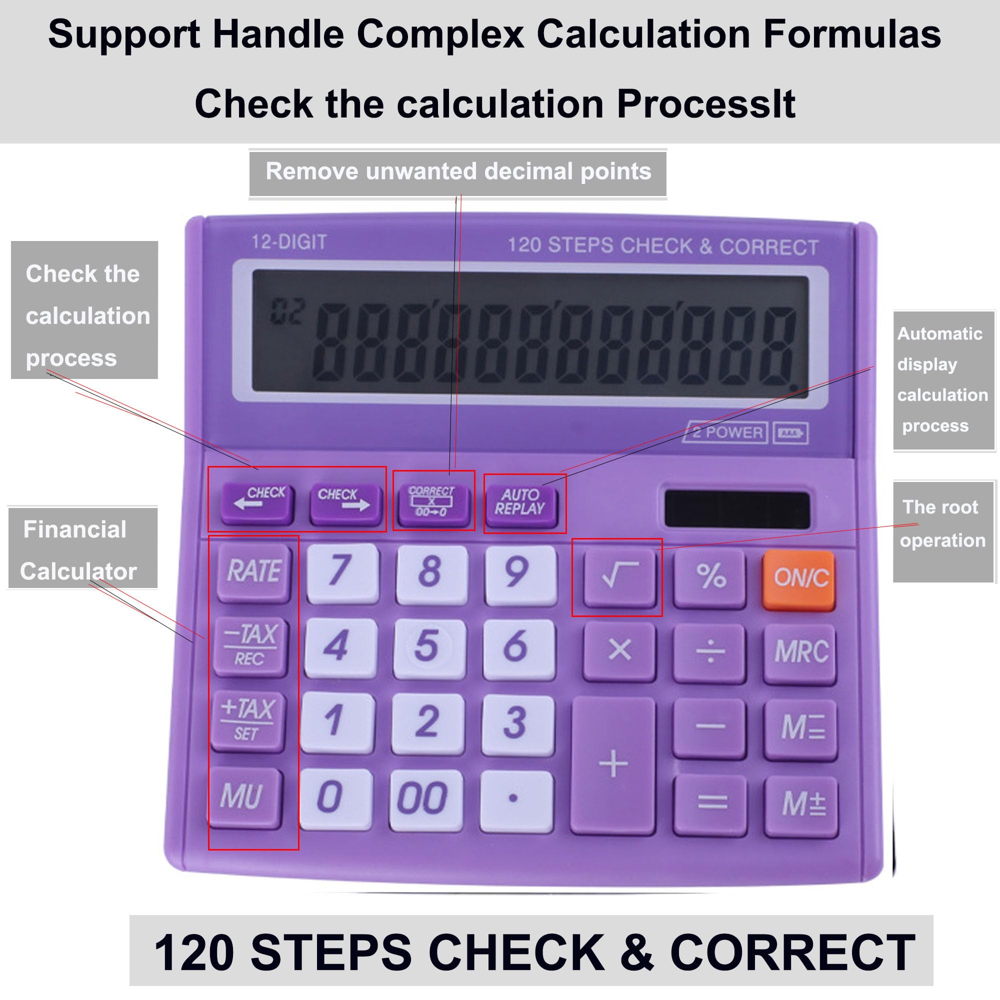 Desktop Calculator Basic Office Desk Calculator 12 Digit with Solar Power and Easy to Read LCD Display, Big Buttons, for Home, Office, School, Class and Business, with Battery - Purple