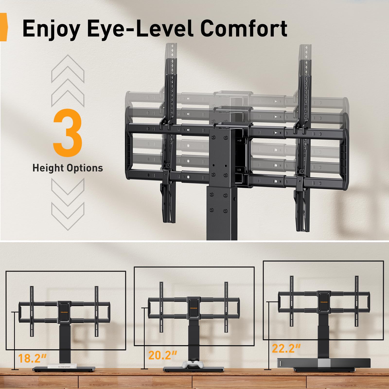 Perlegear Swivel TV Stand Mount, Universal TV Stand for 37-80 inch TVs, Height Adjustable Tabletop TV Stand Holds up to 99 lbs, Preassembled InstaMount Front Support, Max VESA 600x400mm, PGTVS28