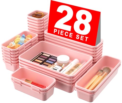 A-LuGei 【28PCS】 Drawer Organizer, Bathroom Organizers and Storage, Makeup organizer, Desk drawer organizer, Storage Bins for Kitchen Office Bedroom Vanity Jewelry Pantry Garage（3Size）