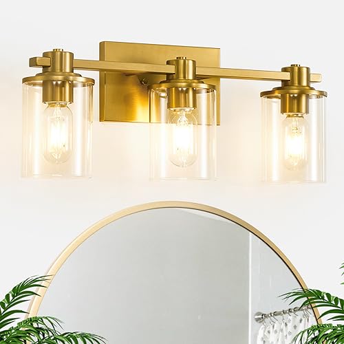 Eatich Bathroom Light Fixtures, 3-Light Brushed Gold Bathroom Vanity Light, Brass Vanity Lights for Bathroom with Clear Glass Shade, Modern Vintage Bathroom Lights Over Mirror