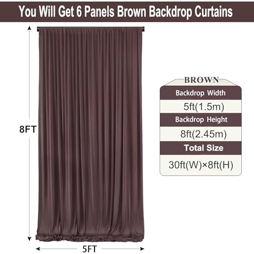 30ft×8ft Wrinkle Free Brown Backdrop Curtain for Parties, 6 Panels 5×8ft Soft Silky Polyester Umber Photo Backdrop Drapes forTeddy Bear Bee Birthday Party Baby Shower Wedding Photography