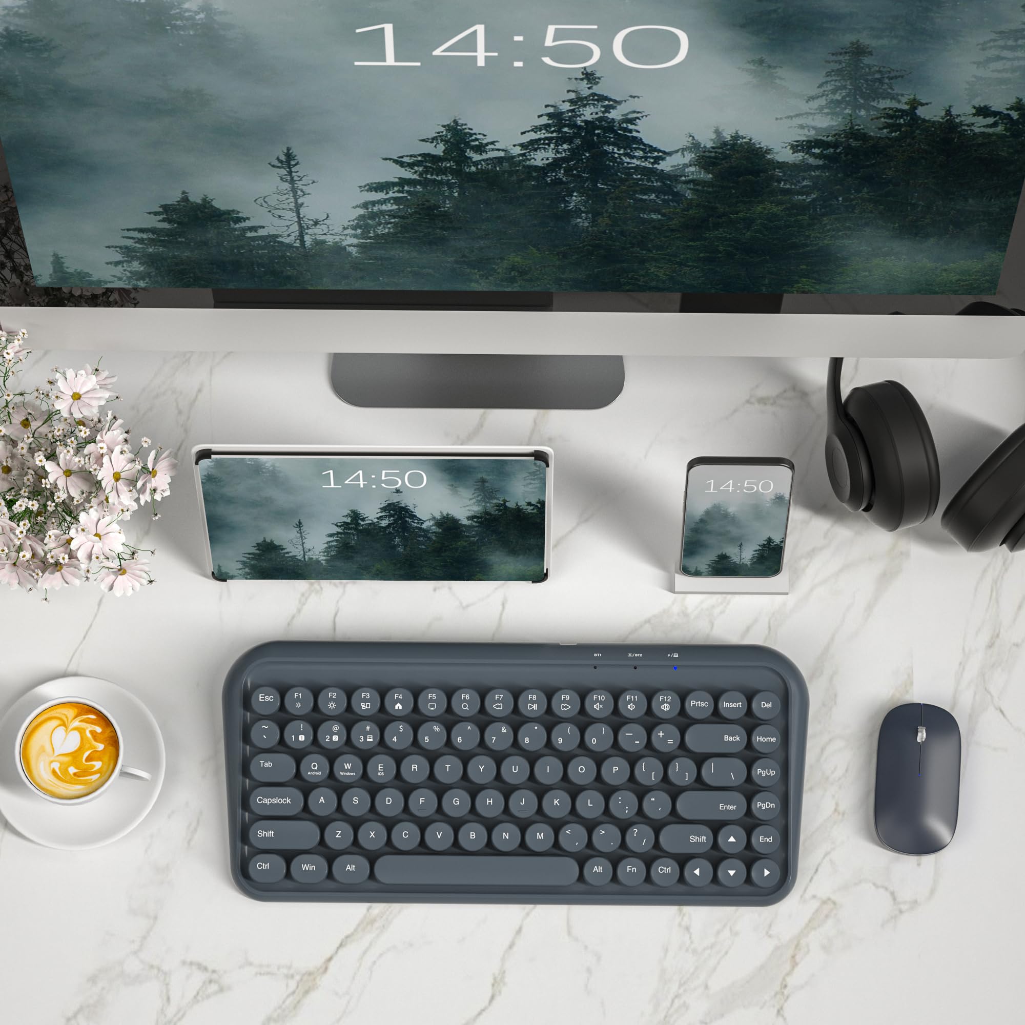 Wireless Bluetooth Keyboard, 2.4GHz Typewriter Retro Keyboard, 84 Keys Portable Office Computer Keyboard with 2xAA Batteries and Cute Floated Round Keycaps for Windows Android PC Laptop Mac iPad, Gray