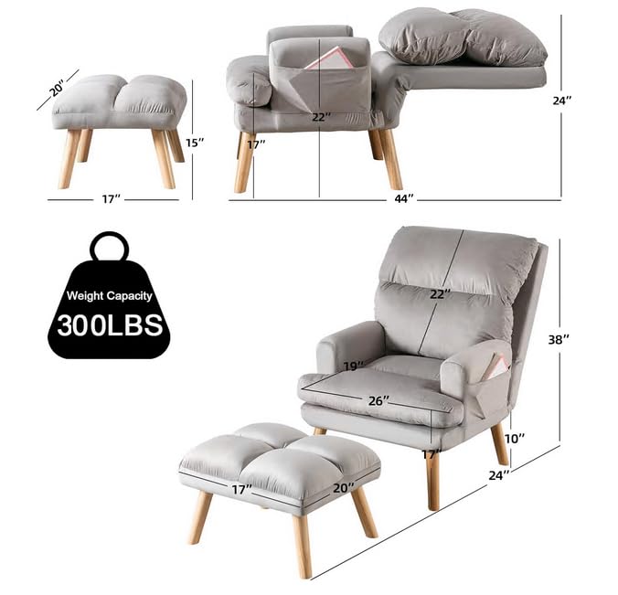 CANMOV Modern Accent Chair with Ottoman, Soft Fabric Armchair with Adjustable Backrest and Side Pockets, Comfy Lounge Chair for Living Room, Bedroom, Apartment, Office, Grey