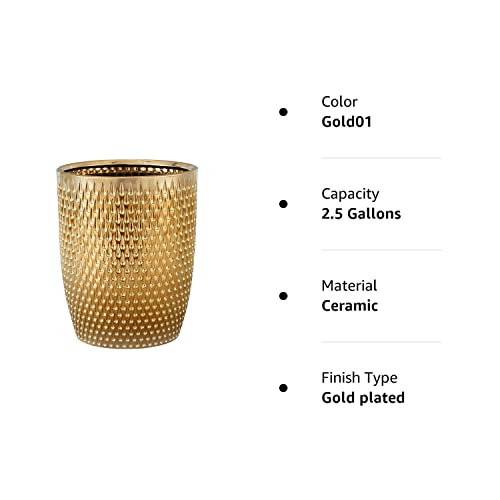 Modern Golden Small Trash Can Wastebasket, Garbage Container Bin for Bathrooms, Powder Rooms, Kitchens, Home Offices - Durable Ceramics - Round