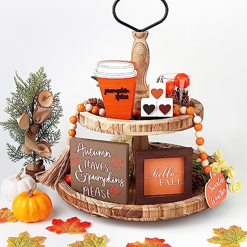 Fall Table Decor, Farmhouse Fall Home Decor Set with 3 Heart Blocks, 3 Wooden Signs and Wood Bead Garland for Tiered Tray, Shelf and Mantle - Fall Decorations for Home (Tray not Included)