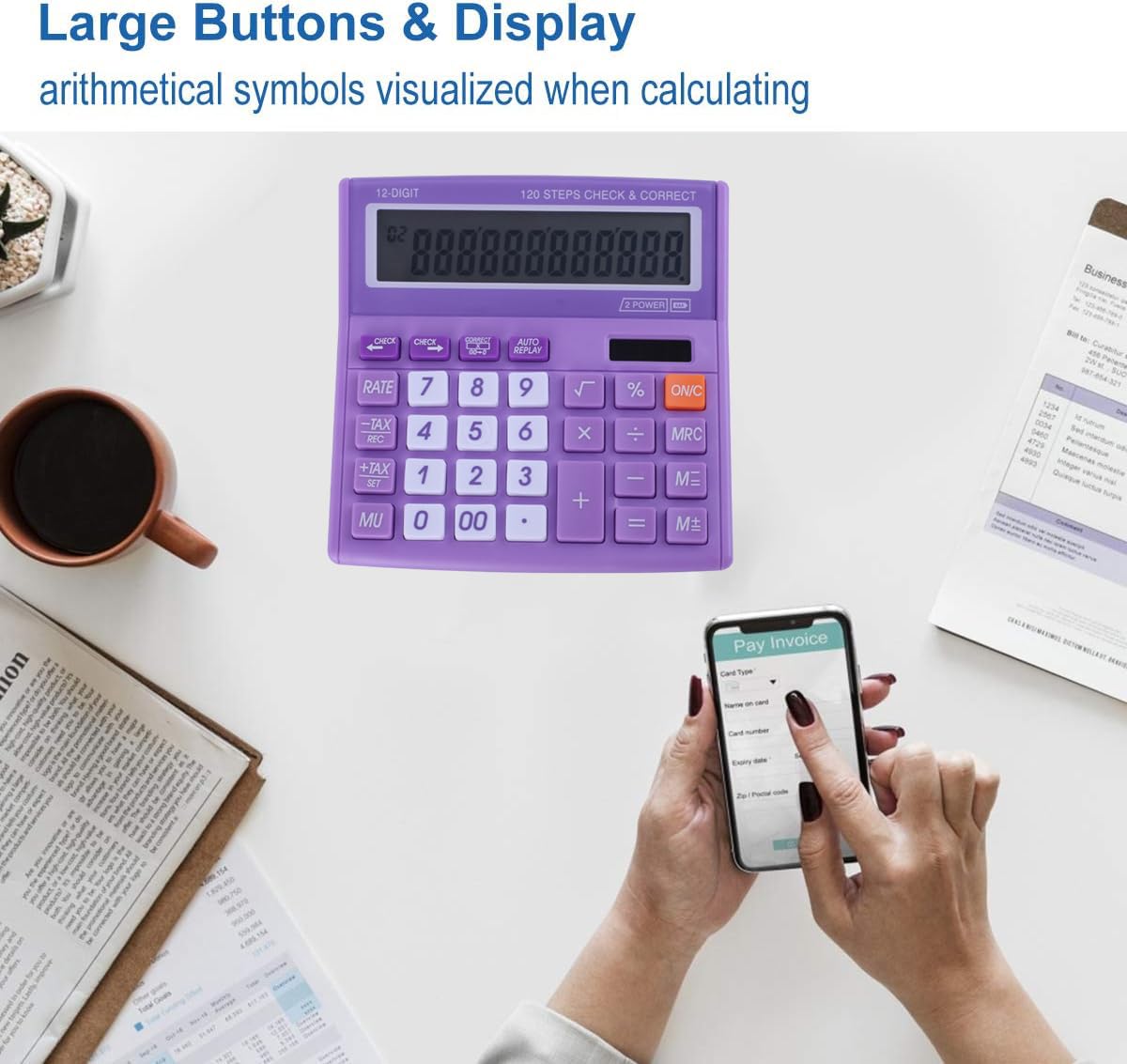 Desktop Calculator Basic Office Desk Calculator 12 Digit with Solar Power and Easy to Read LCD Display, Big Buttons, for Home, Office, School, Class and Business, with Battery - Purple