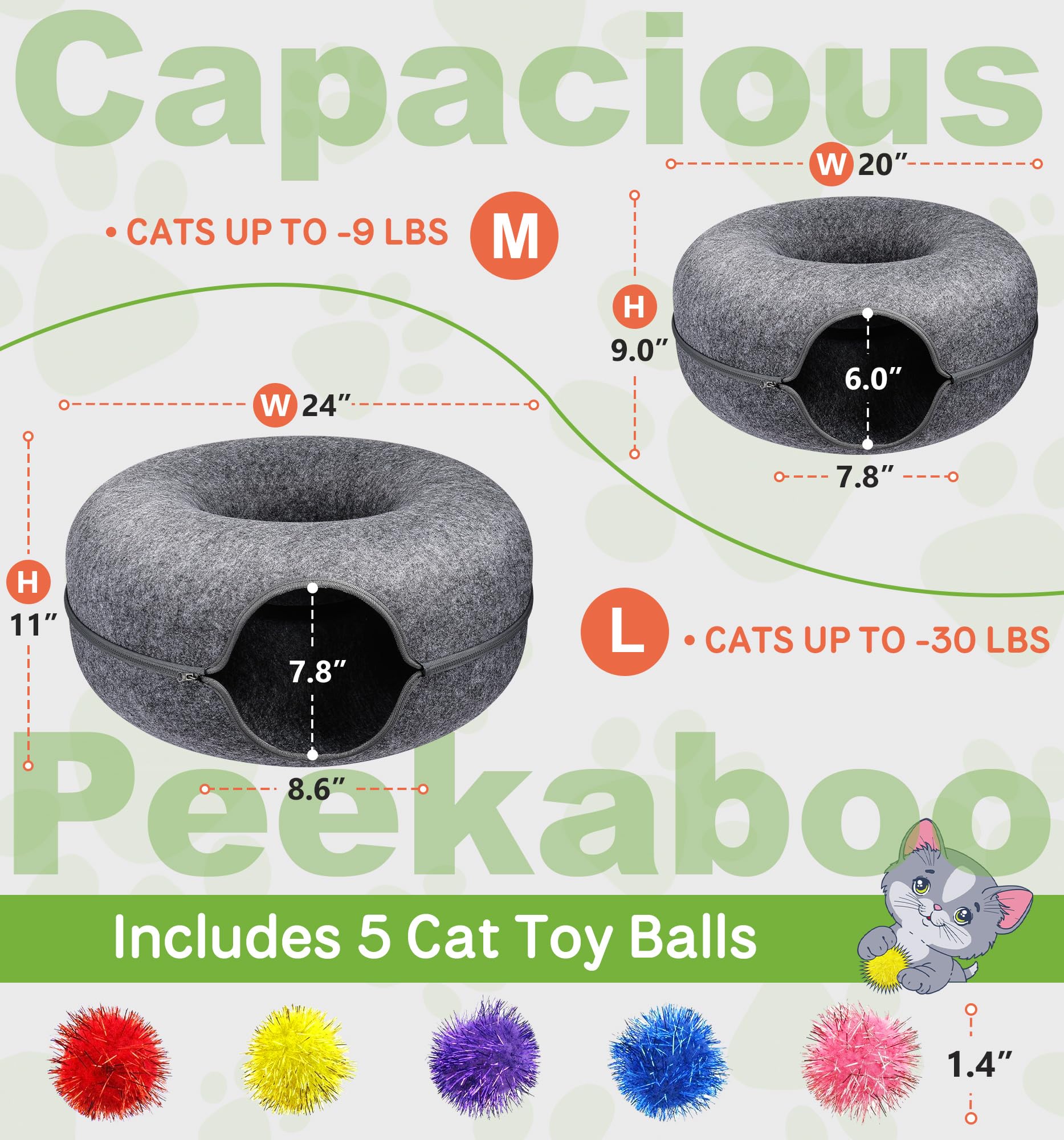 MAMI&BABI Peekaboo Cat Cave for Indoor Cats, Cat Donut Cat Tunnel Bed, Scratch Resistant Cat Toys for Medium Large Cats up to 30 lbs