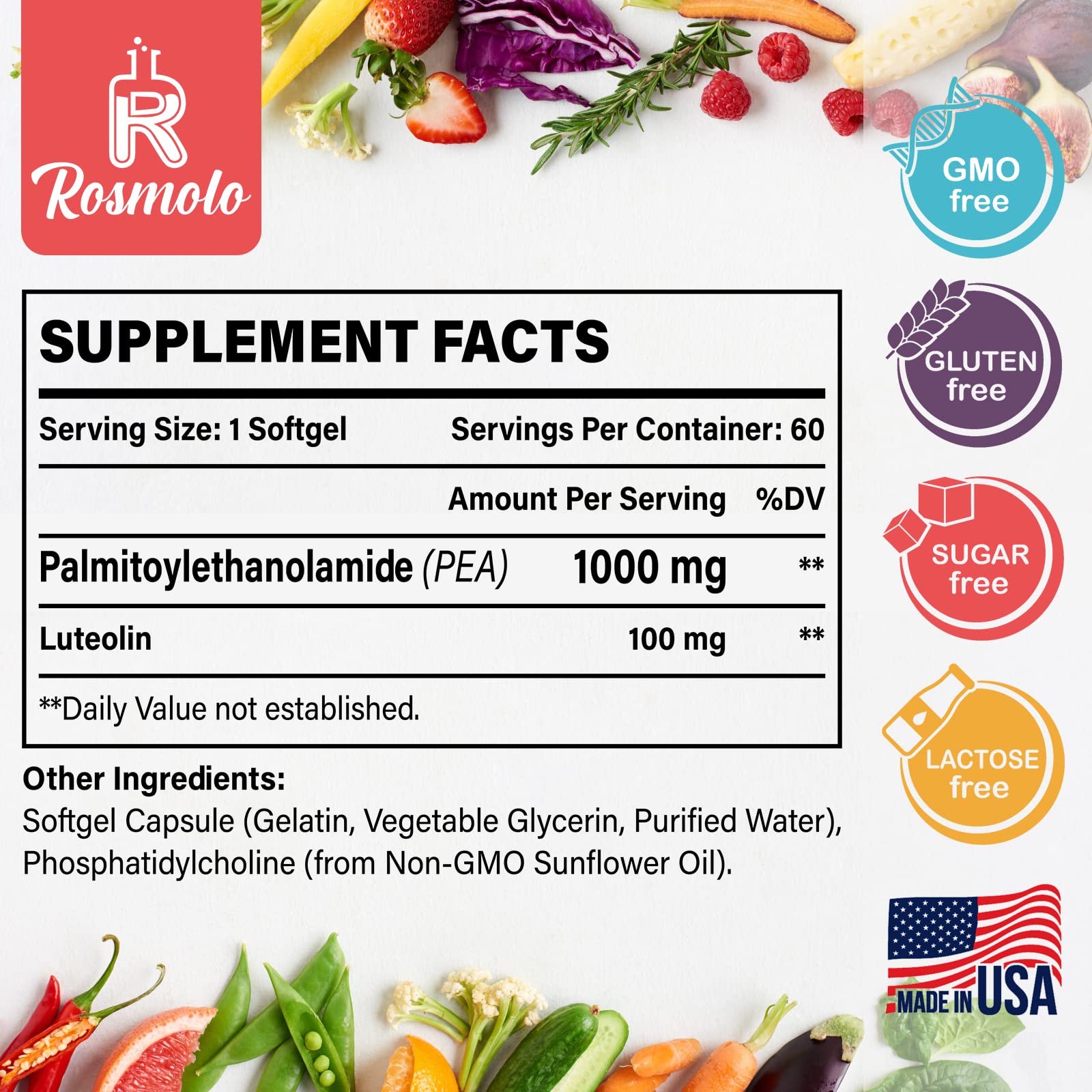 Liposomal Palmitoylethanolamide 1000 mg + Luteolin 100 mg, Micronized Pea 99% Highly Purified - Enhanced Absorption and Bioavailability, 60 Softgels