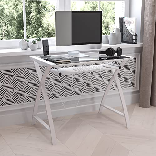 Flash Furniture Clear Tempered Glass Computer Desk with White Pull-Out Keyboard Tray and White Crisscross Frame