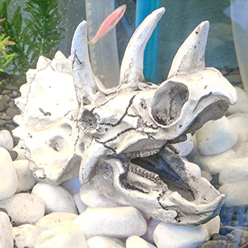 PetierWeit Resin Triceratops Skull Decoration Aquarium Dinosaur Ornaments Reptile Shelter Artificial Dinosaur Hideout Cave Landscape for Snake, Polypedatid, Fish, Shrimp