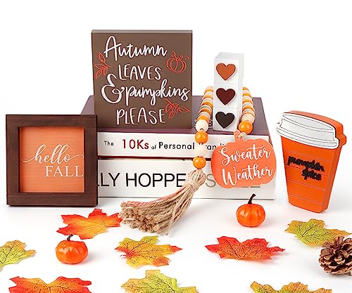 Fall Table Decor, Farmhouse Fall Home Decor Set with 3 Heart Blocks, 3 Wooden Signs and Wood Bead Garland for Tiered Tray, Shelf and Mantle - Fall Decorations for Home (Tray not Included)