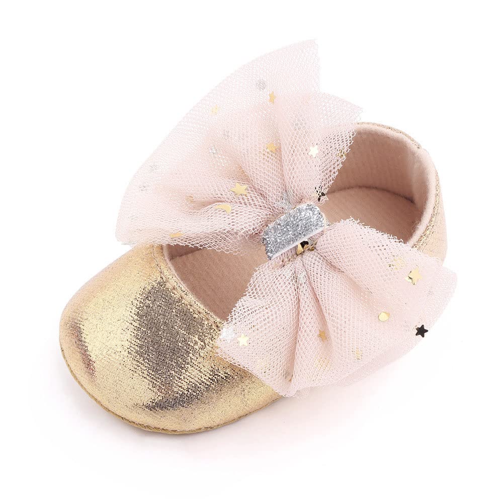 SABATUTU Infant Baby Girls Princess Wedding Dress Mary Jane Flats,Toddler Soft Sole Prewalker Sparkly Lightweight Shoes (a13/Gold, 6-12months)